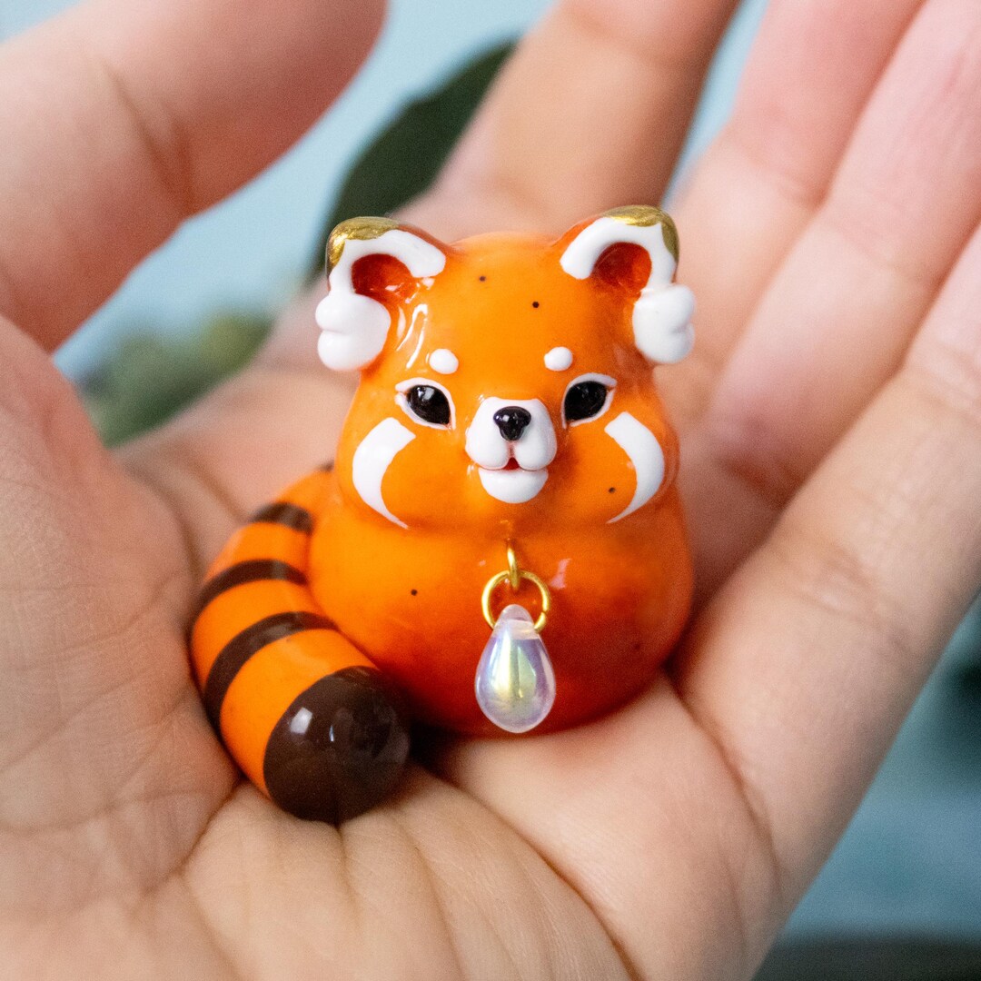 Cute Red Panda, Handmade Polymer Clay Figurine With Stylish Pearl, Cute ...