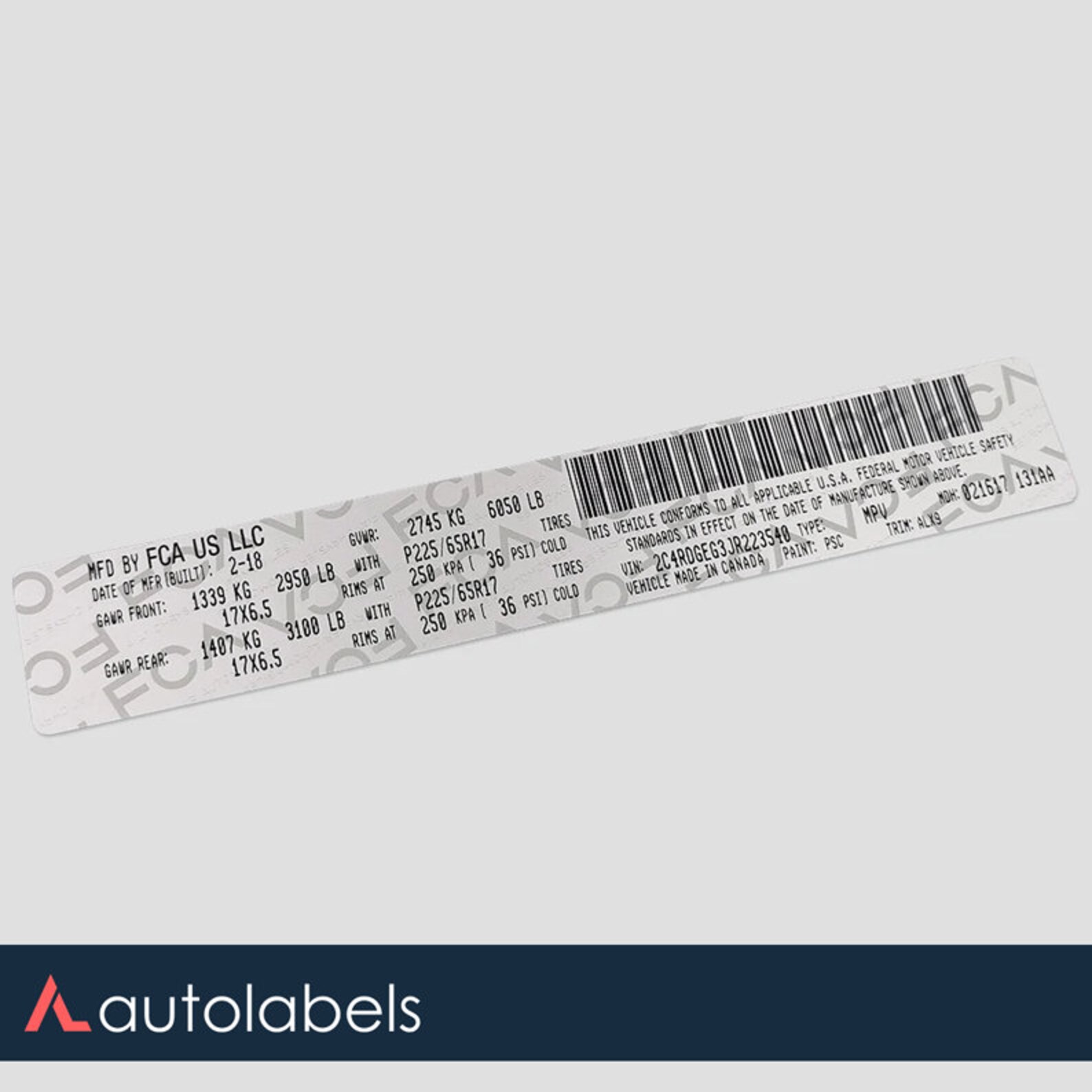 FCA Group VIN Number Sticker Label Plate Decal Door Jamb Replica ...