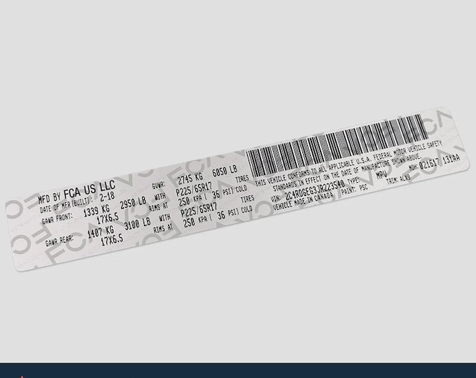 FCA Group VIN Number Sticker Label Plate Decal Door Jamb Replica ...