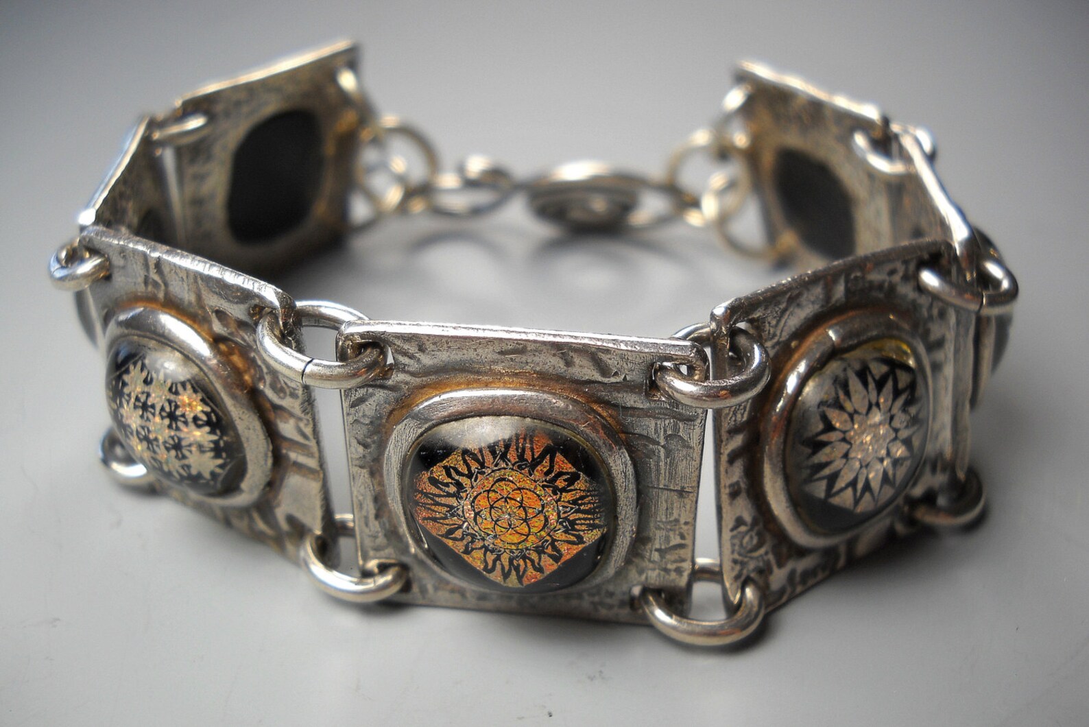 Fine Silver and Dichroic Amber Laser Cut on Black Glass Link Bracelet 7 ...