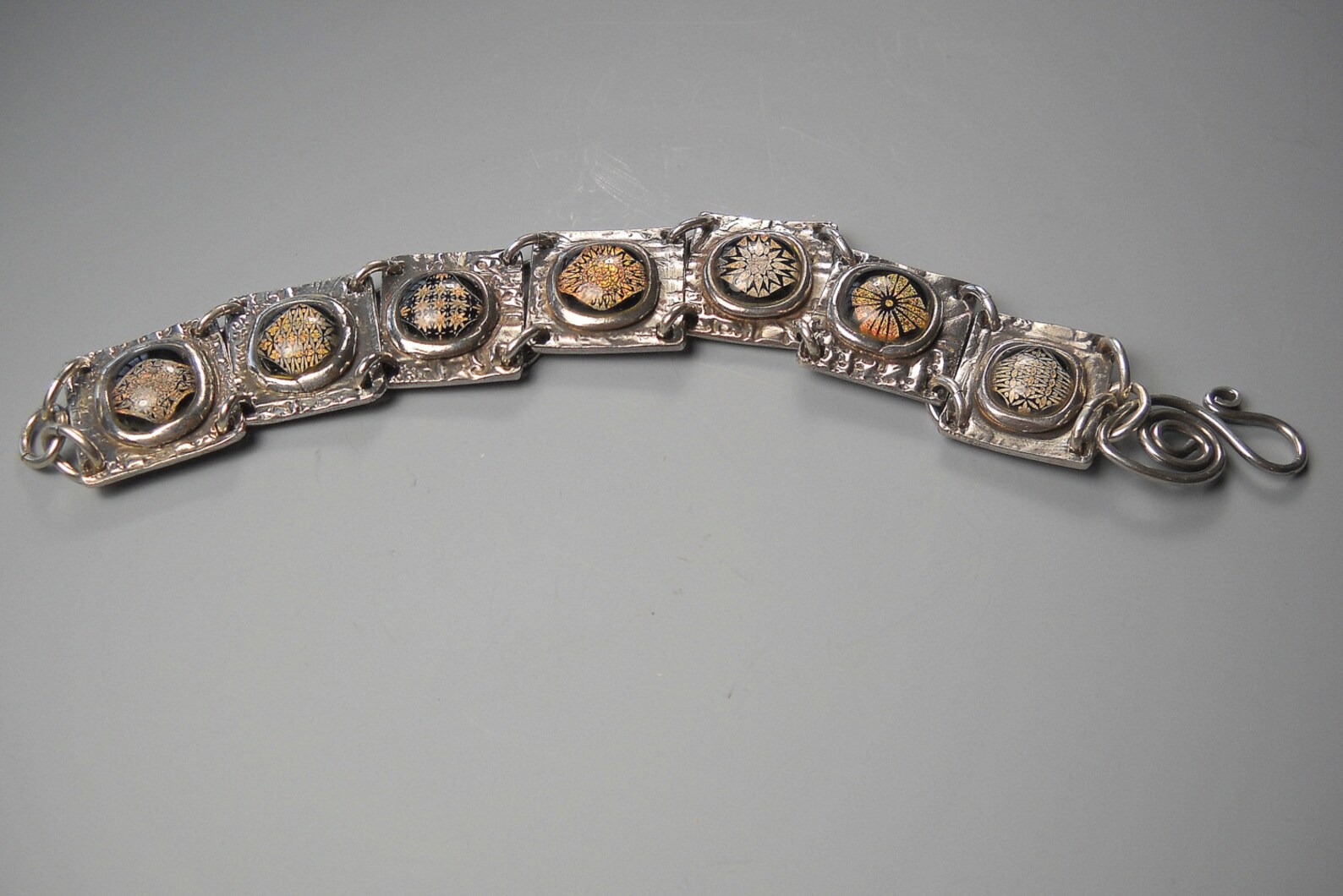 Fine Silver and Dichroic Amber Laser Cut on Black Glass Link Bracelet 7 ...