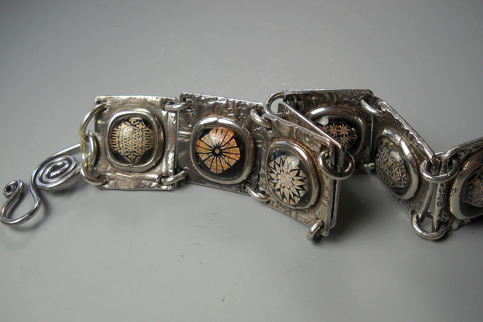 Fine Silver and Dichroic Amber Laser Cut on Black Glass Link Bracelet 7 ...