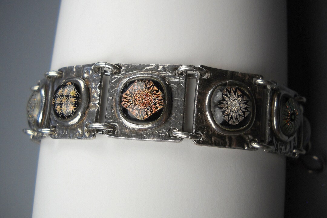 Fine Silver and Dichroic Amber Laser Cut on Black Glass Link Bracelet 7 ...