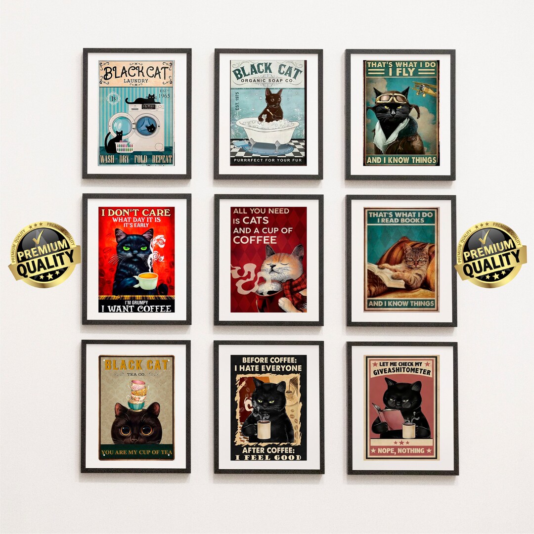 Eclectic Gallery Wall Set of 9 Cat Wall Art Vintage Cat Decor, Cat ...
