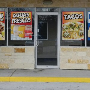 Tacos PERFORATED Window Graphic Decal Sticker Perforated Vinyl Mexican ...