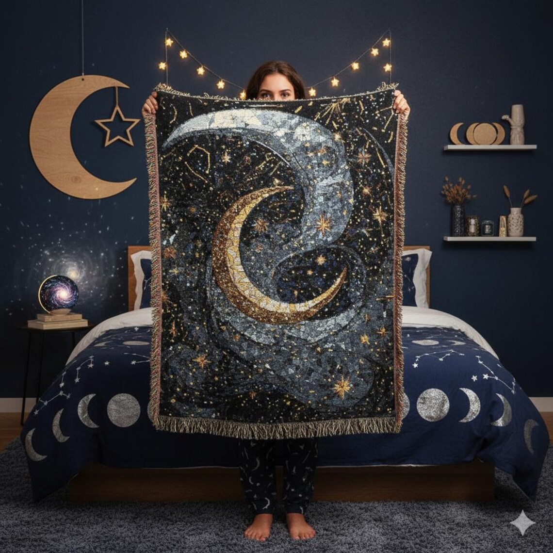 Celestial Moon Woven Blanket, Galaxy Throw, Black Gold Silver Home ...