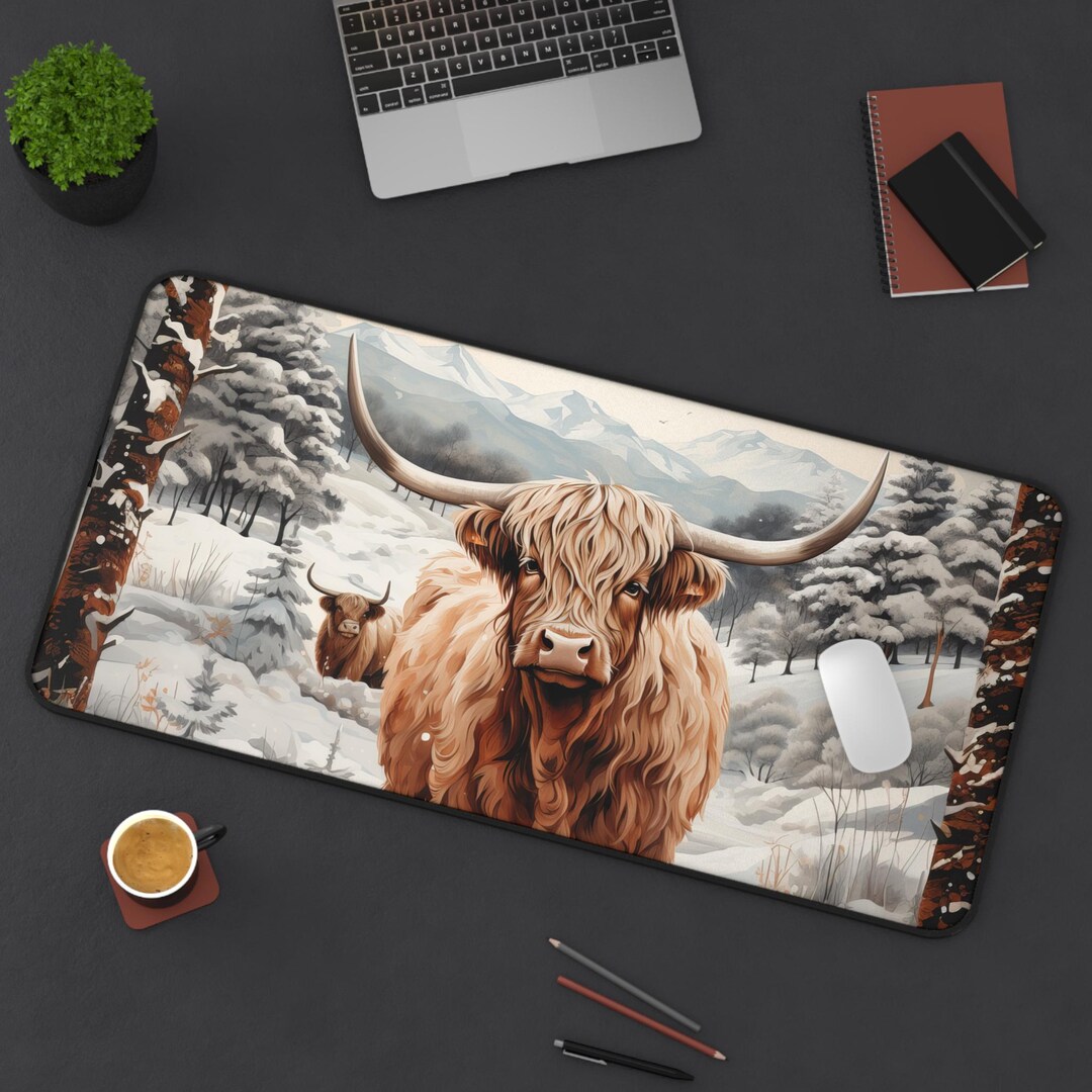 Highland Cow Desk Mat: Whimsical Snow Scene Mouse Pad - Etsy