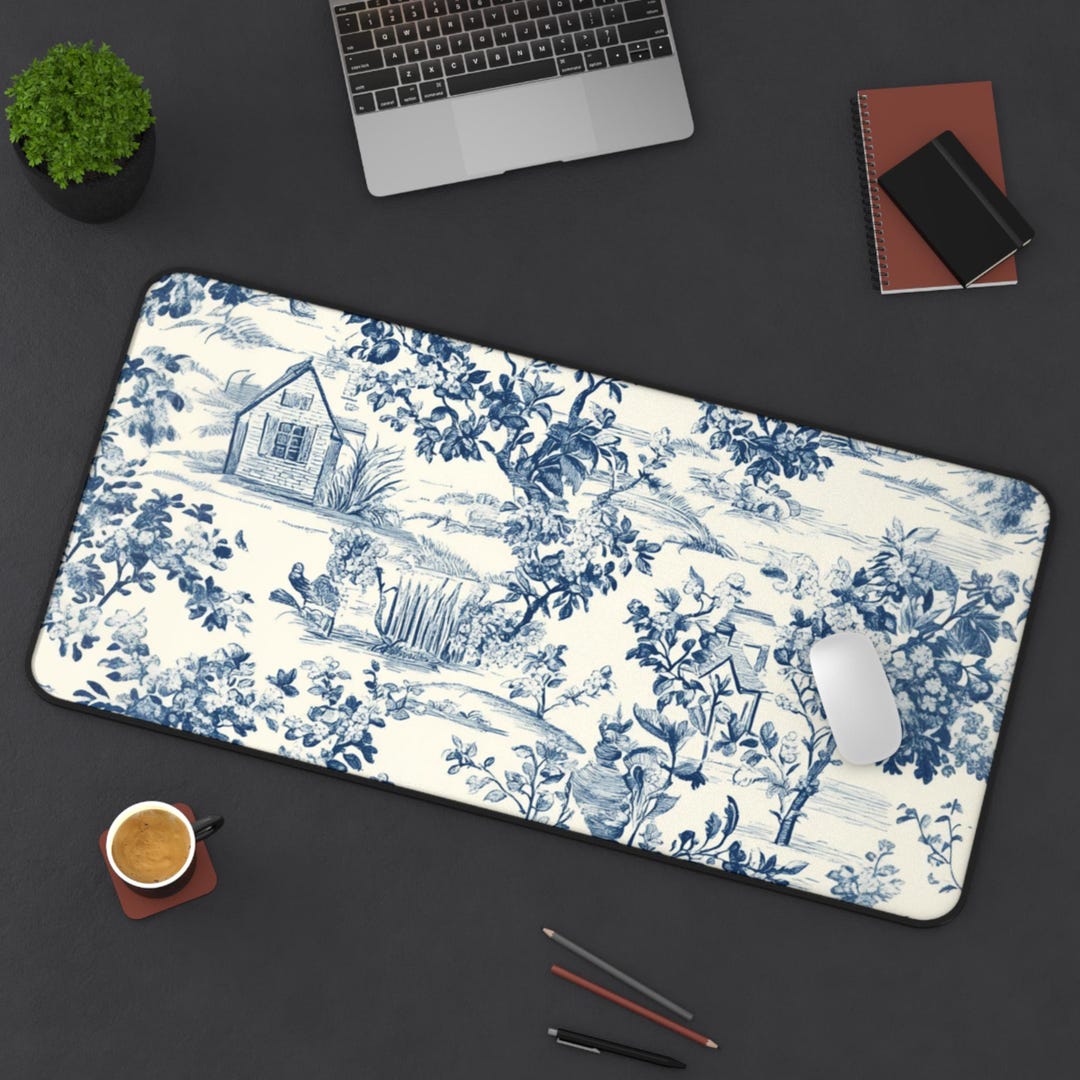 Blue Toile Floral Desk Mat: Elegant Vintage-style Office Decor - Etsy