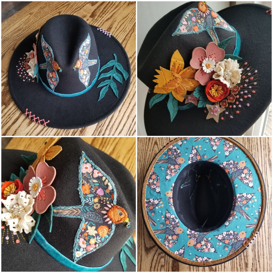 Black and Teal Swallow and Leather Wildflower Boho Bespoke Rancher Hat ...
