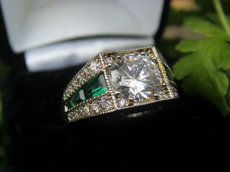 Art-deco Design 1.3ct Signity Diamond and Green Emerald Ring, 14k ...