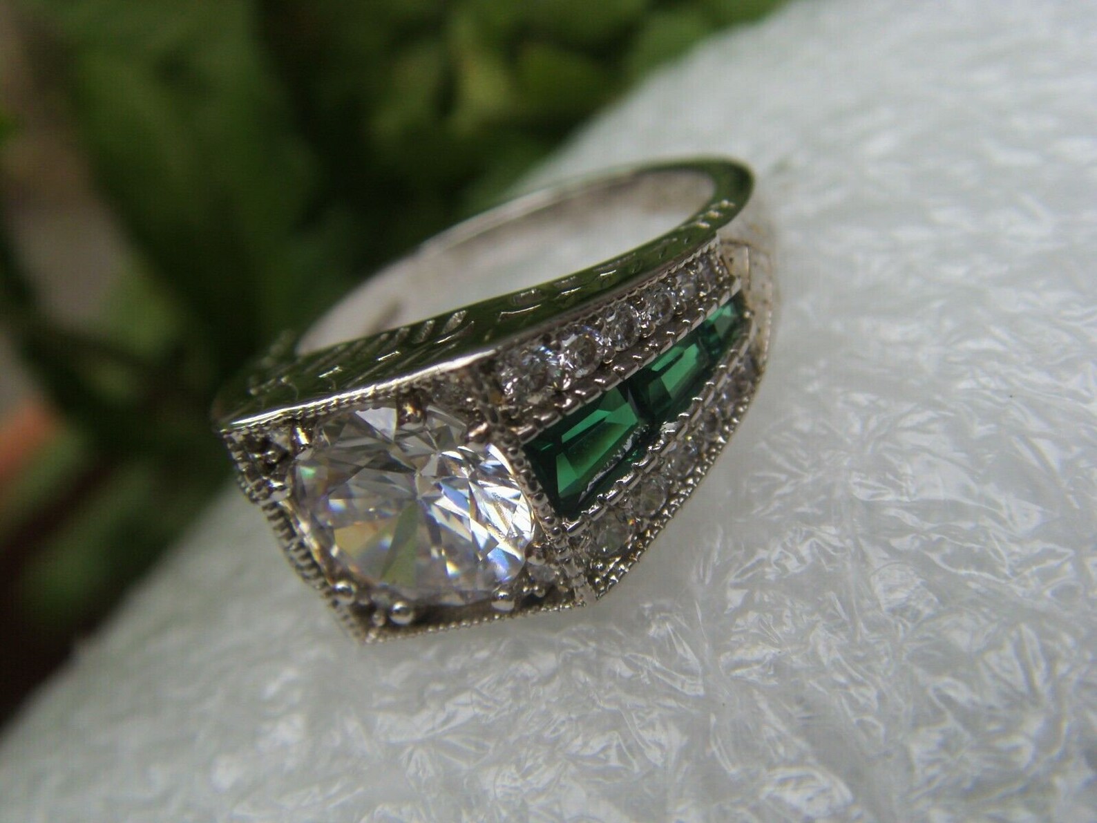 Art-deco Design 1.3ct Signity Diamond and Green Emerald Ring, 14k ...