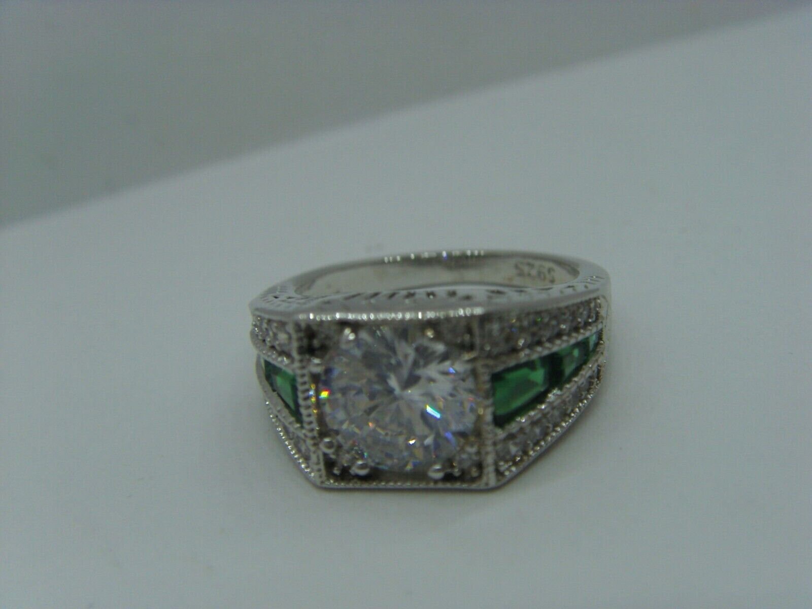 Art-deco Design 1.3ct Signity Diamond and Green Emerald Ring, 14k ...