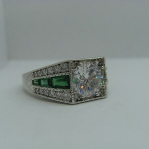 Art-deco Design 1.3ct Signity Diamond and Green Emerald Ring, 14k ...