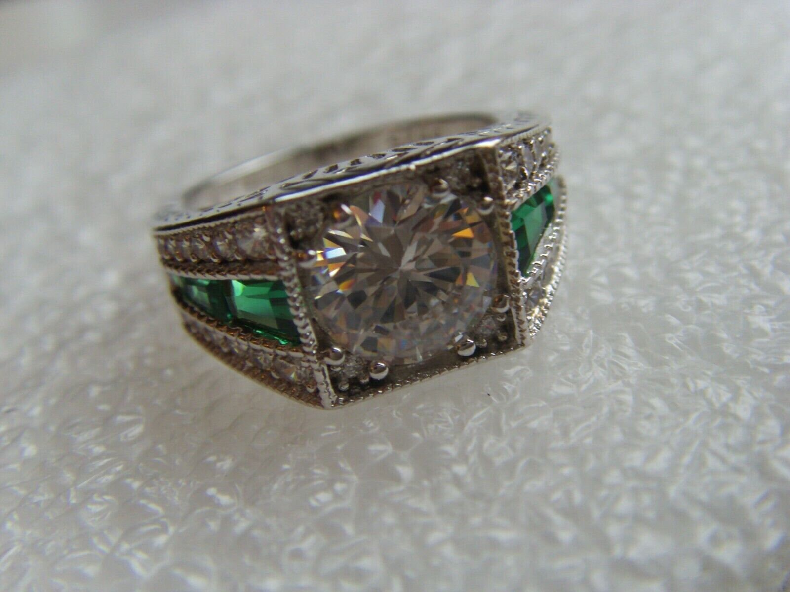 Art-deco Design 1.3ct Signity Diamond and Green Emerald Ring, 14k ...