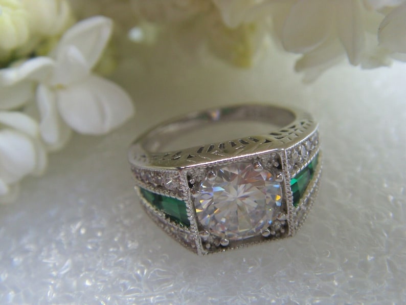 Art-deco Design 1.3ct Signity Diamond and Green Emerald Ring, 14k ...