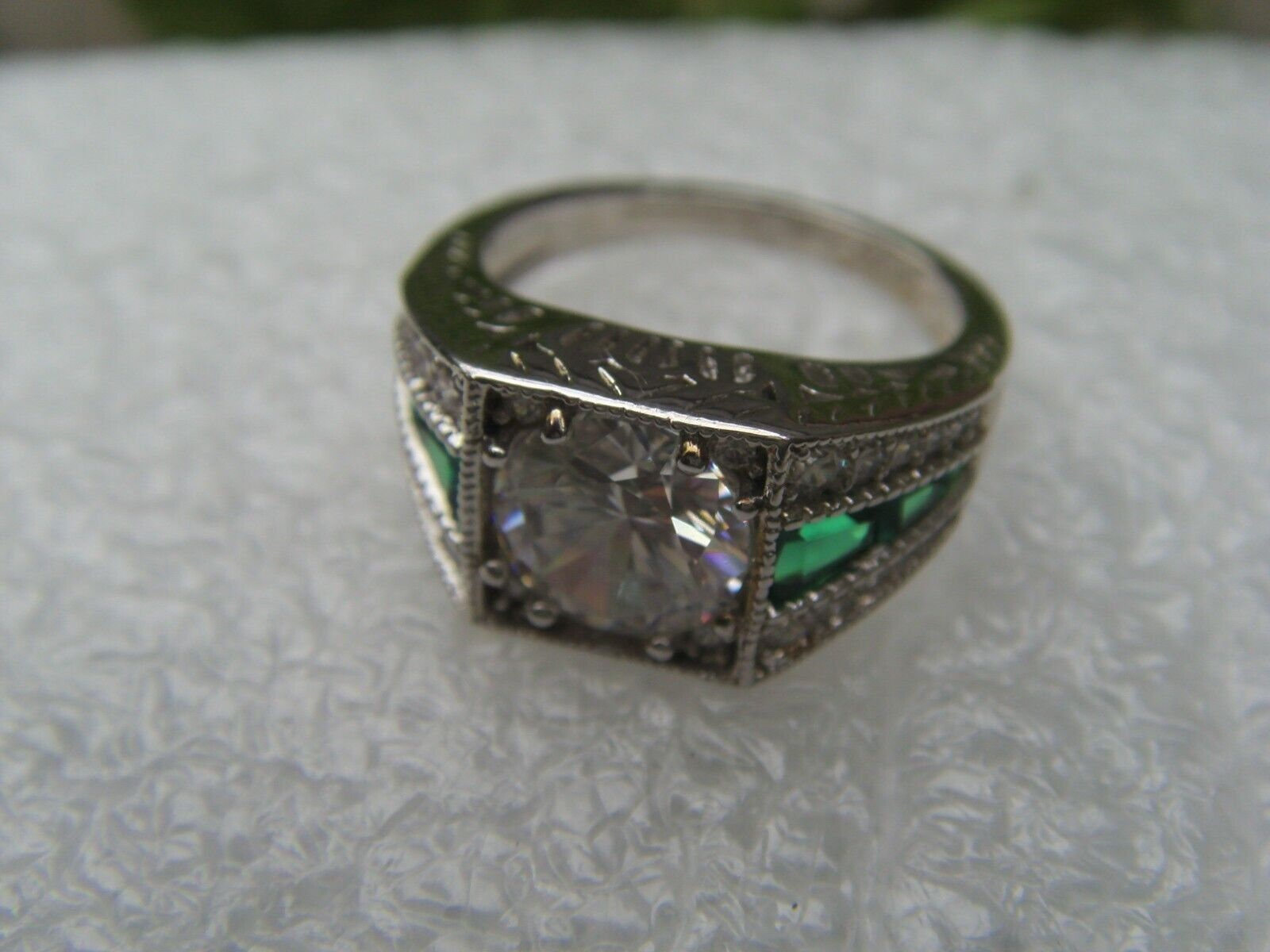 Art-deco Design 1.3ct Signity Diamond and Green Emerald Ring, 14k ...