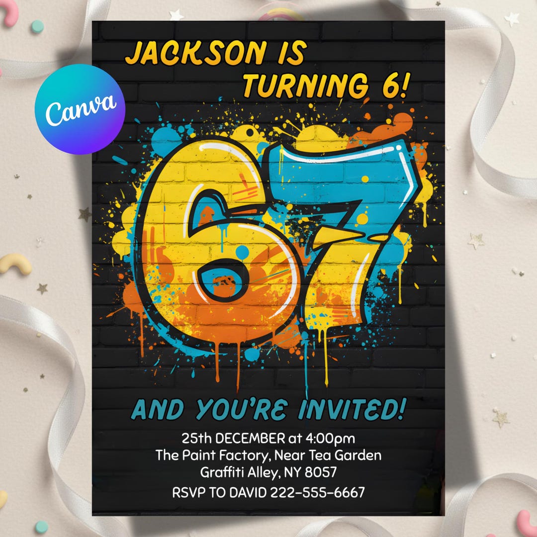 Graffiti 67 Birthday Invitation, Street Art Kids Party Invite, Editable ...