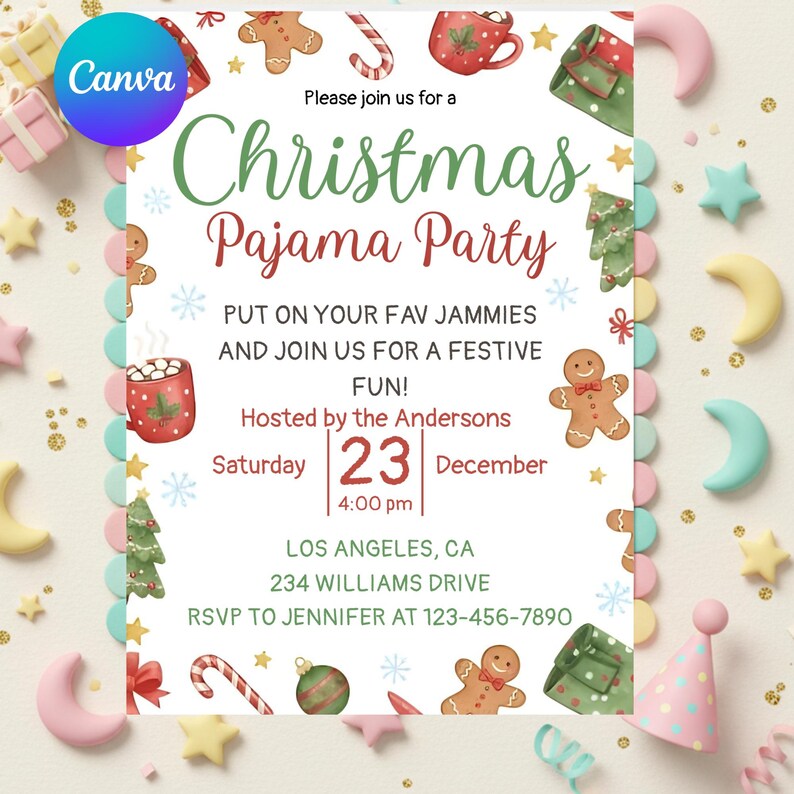 Editable Christmas Pajama Party Invitation, Canva Template (5x7 Inches ...