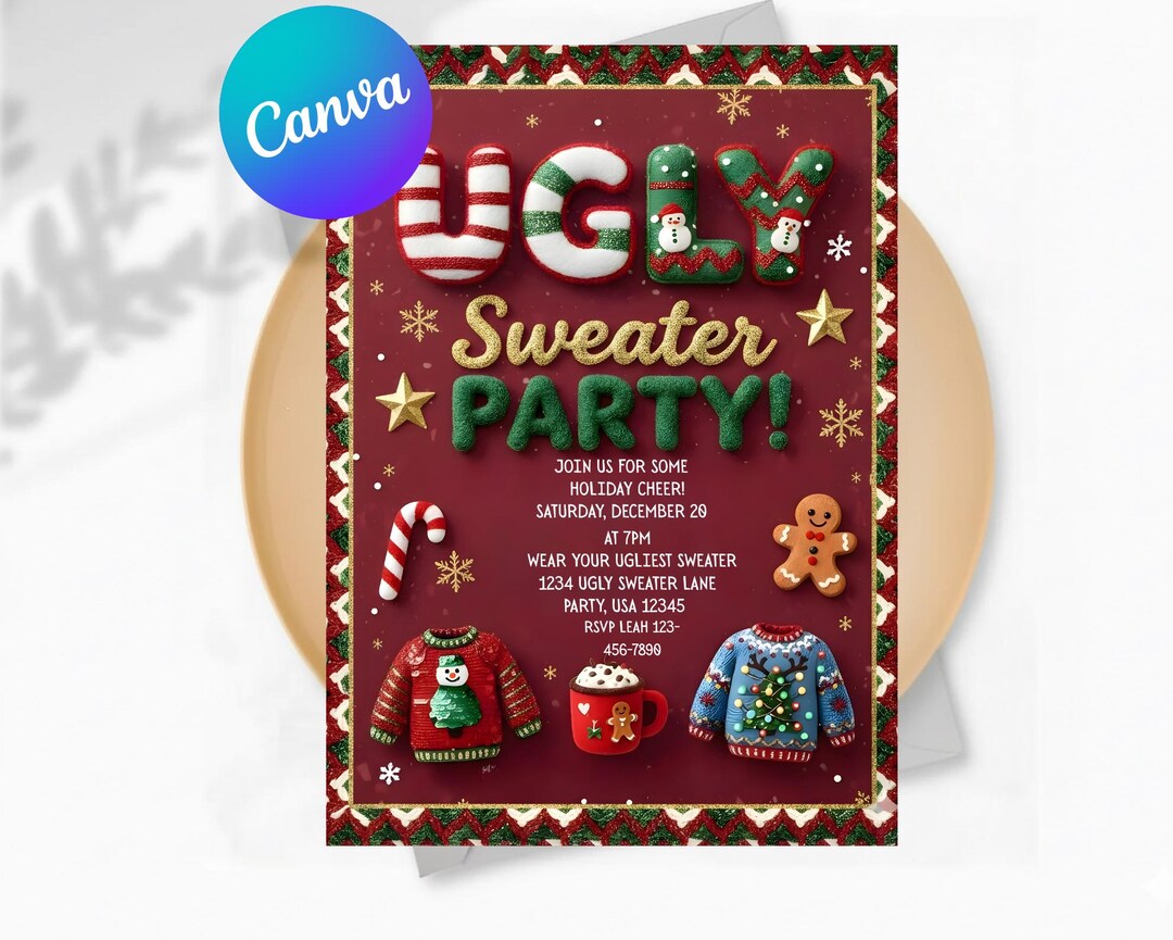 Editable Ugly Sweater Party Invitation, Christmas Holiday (digital ...