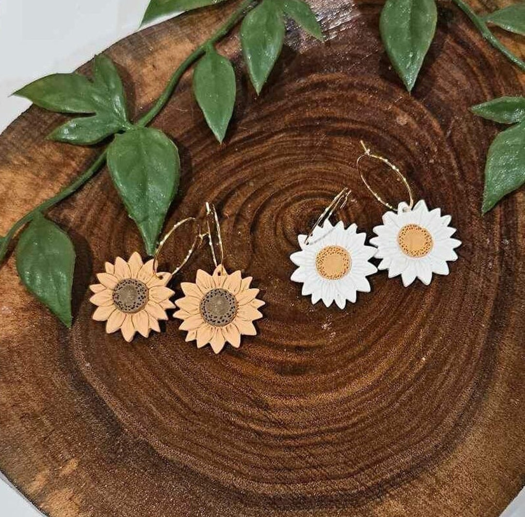 Detailed Daisy Hoops Detailed Sunflower Hoops Lightweight Polymer Clay ...