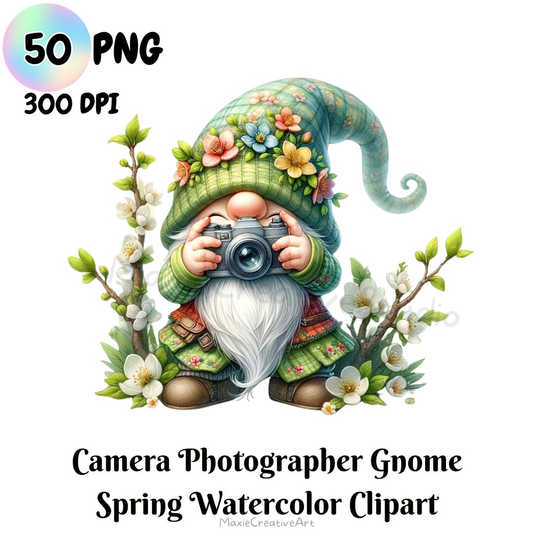 Camera Photographer Gnome Spring Watercolor Clipart 50png,gnome Lovers ...