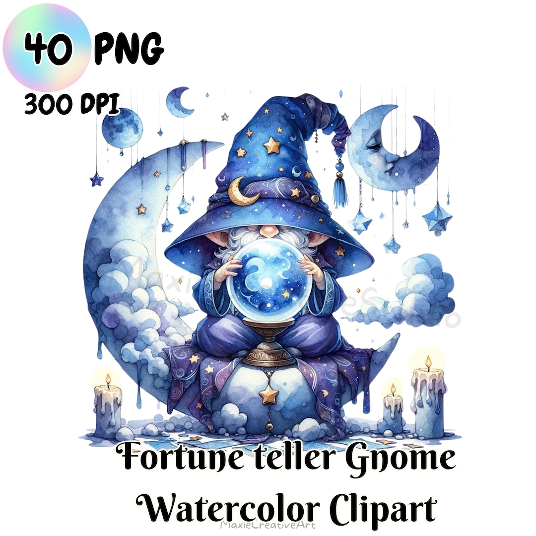 Watercolor Fortune Teller Gnome Clipart 40 Png,moon,taro Card,witches ...