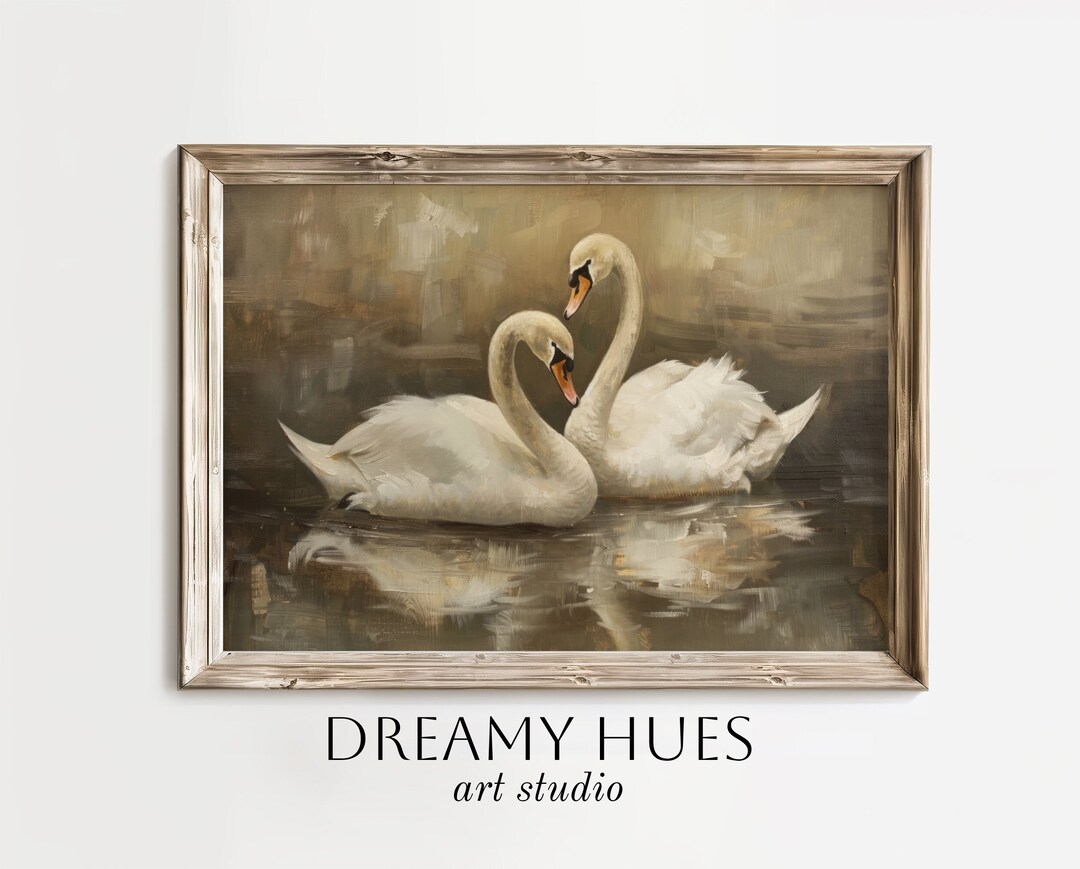 Vintage Swans Oil Painting Beige Sensual Bedroom Wall Art Bird Above ...