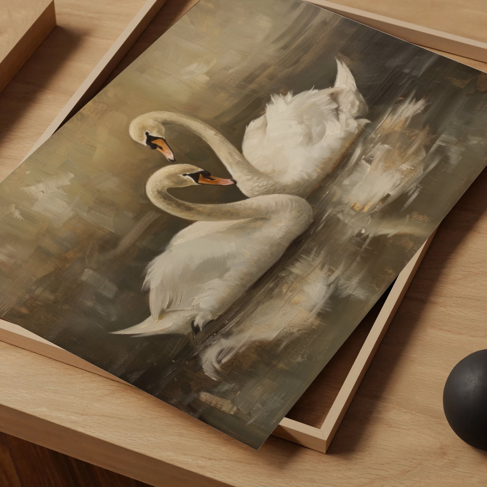 Vintage Swans Oil Painting Beige Sensual Bedroom Wall Art Bird Above ...