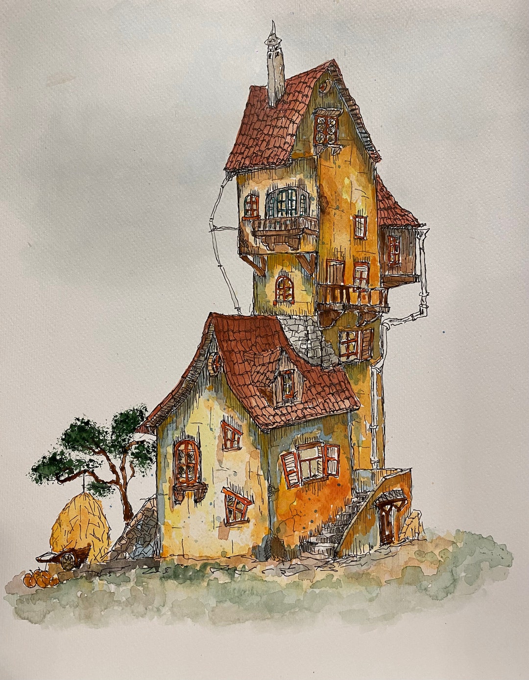 Handmade Watercolor House Art Print - Unique Whimsical Decor - Charming ...