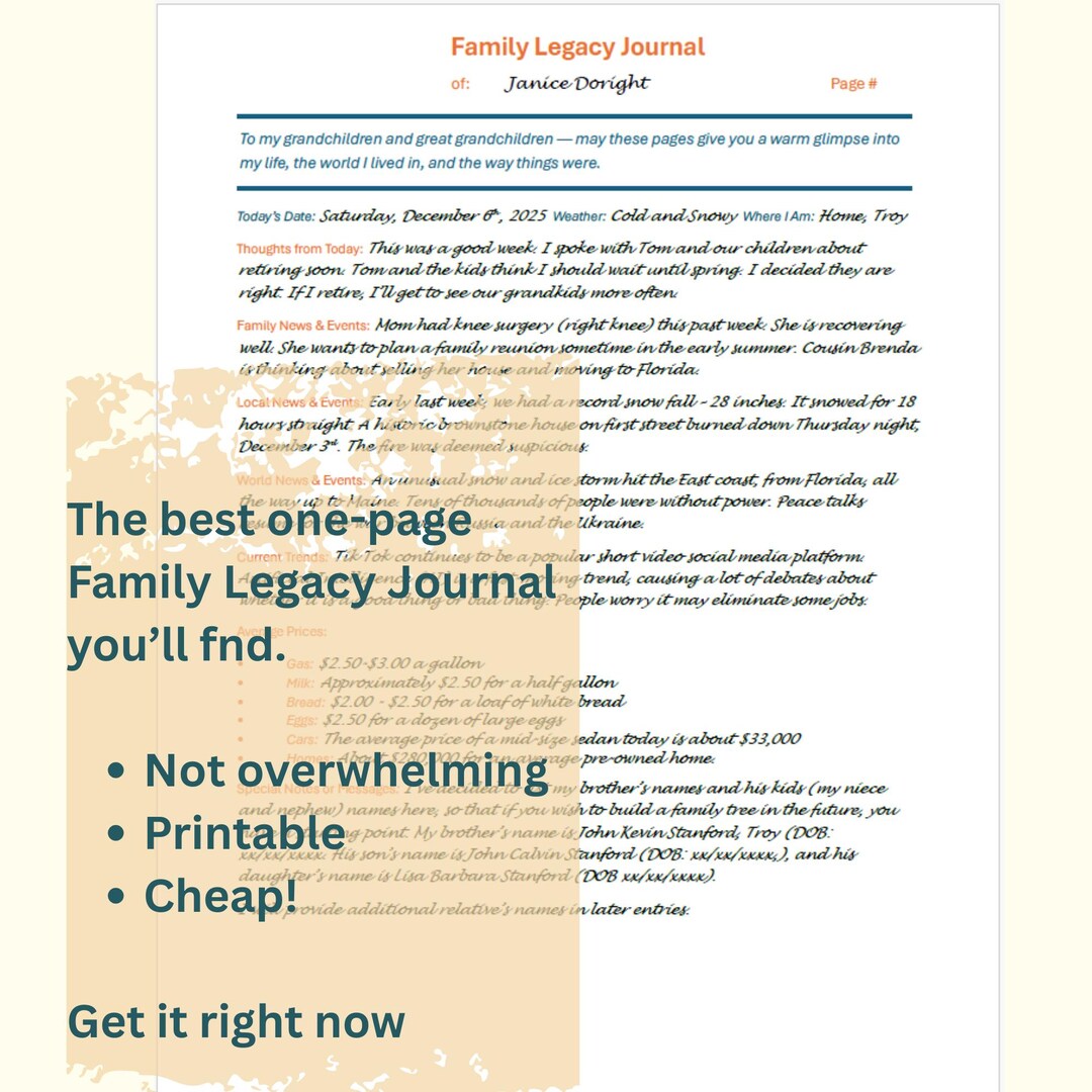 Printable Simple One-page Family Legacy Journal - Etsy