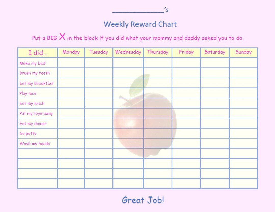 Child's Award Chart, (one Filled Out, and One Blank) Chores, Toddler ...