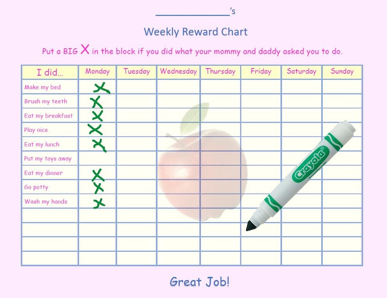 Child's Award Chart, (one Filled Out, and One Blank) Chores, Toddler ...