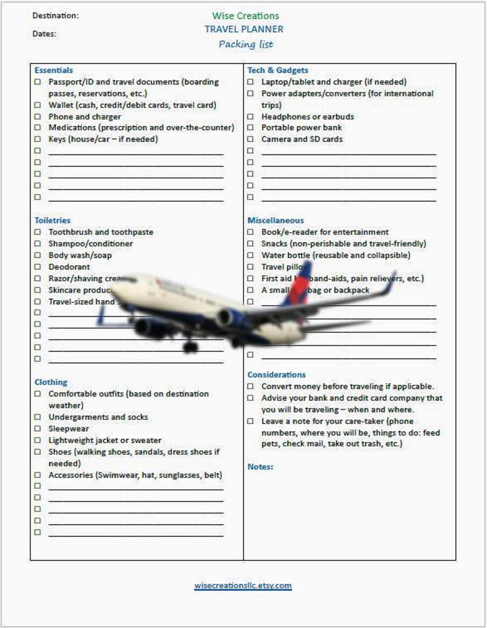 Travel Planner Packing List, Packing Checklist for Business to Leisure ...