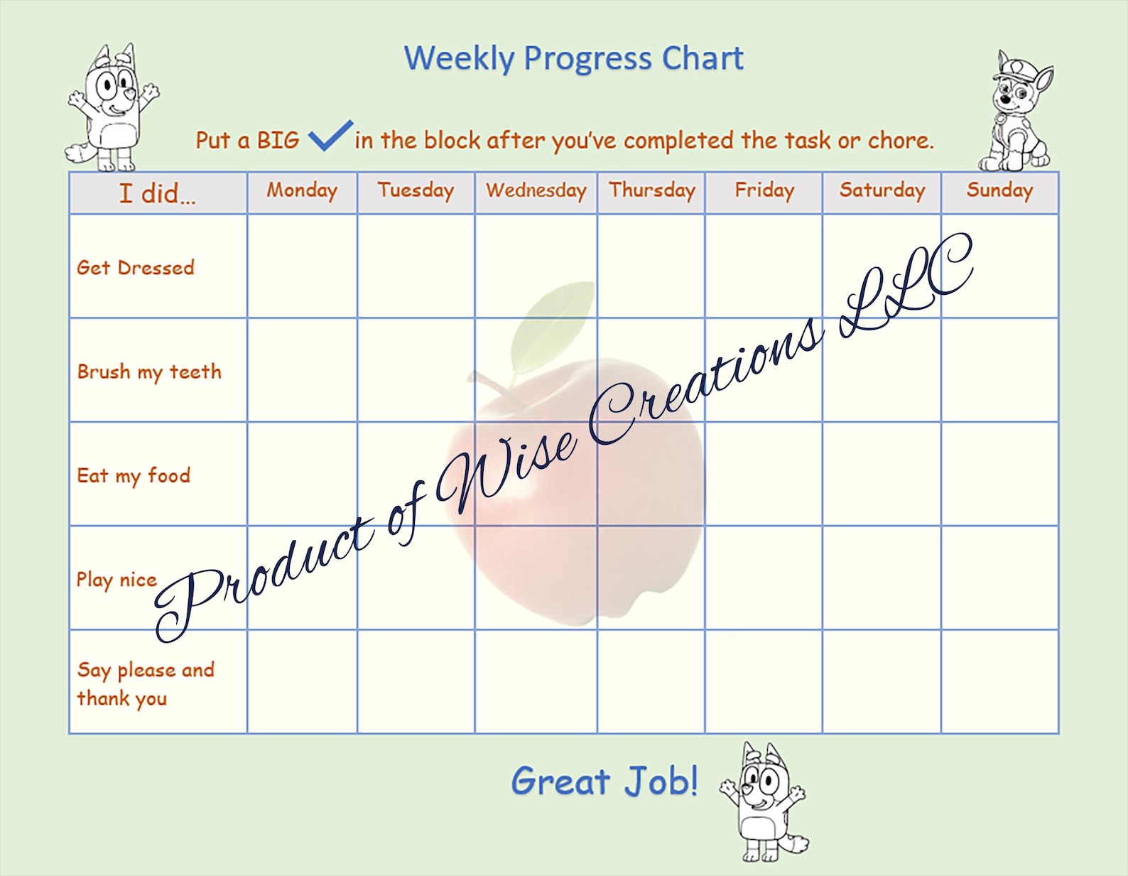 Weekly Progress Reward Chart for Kids, Child Progress Tracker ...