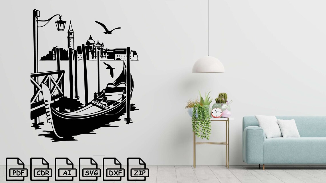 Gondola in Venice Wall Art Cut Svg Dxf File Wall Sticker Pdf Silhouette ...