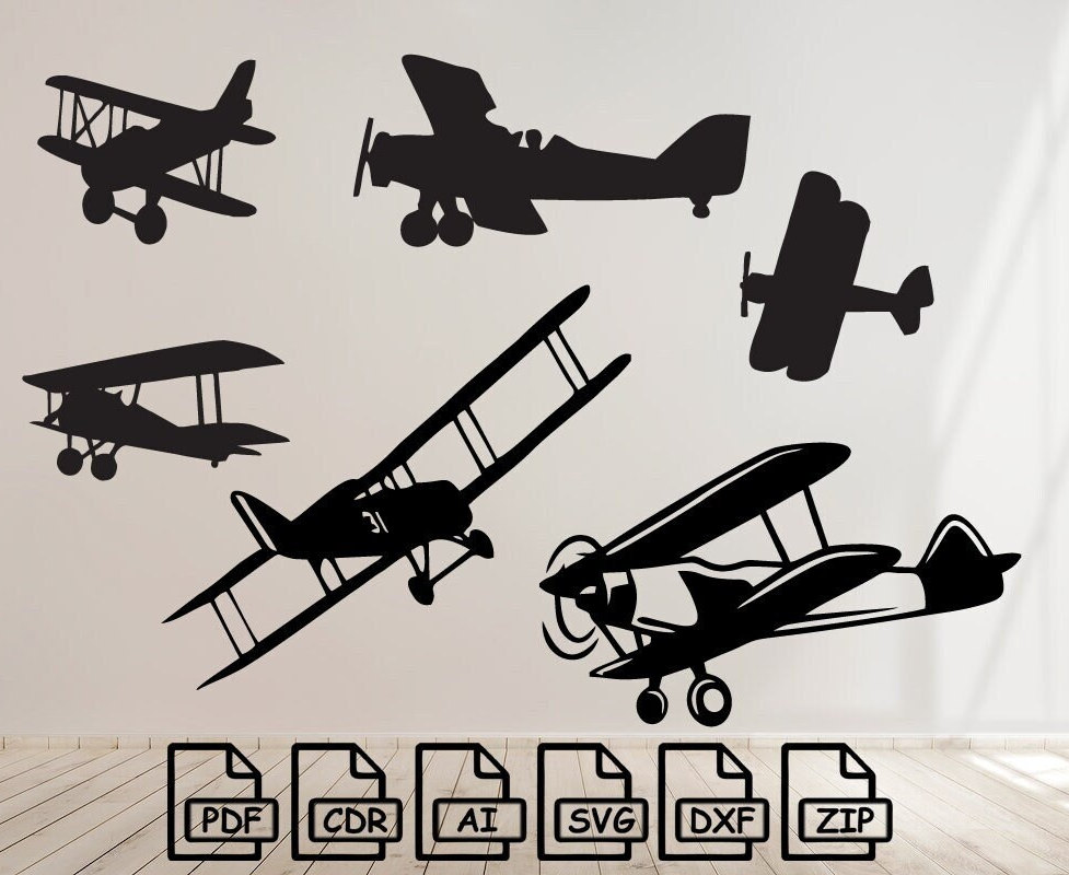 Biplane Bundle (16pcs), Crop Duster Cut Svg Dxf File Wall Sticker Pdf ...
