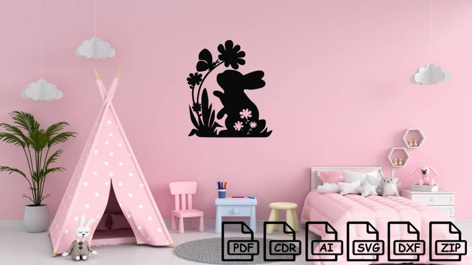 Rabbit Cut Svg Dxf File Wall Sticker Pdf Silhouette Template Cnc ...