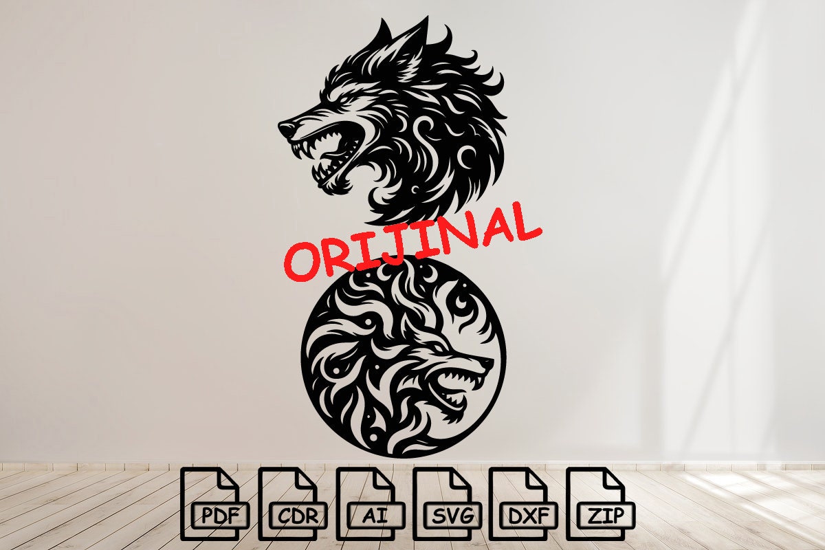 Fenrir, Wolf Head 2psc Cut Svg Dxf File Wall Sticker Pdf Silhouette ...