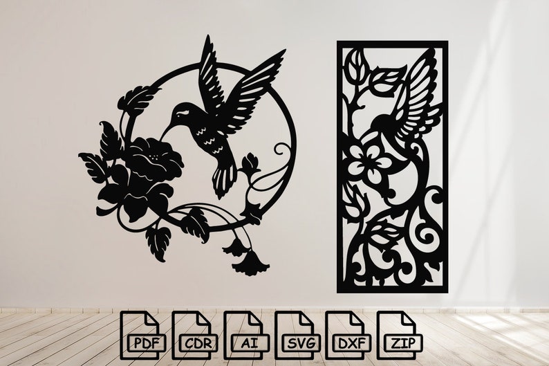 Colibrí floral, panel 2pcs corte svg dxf archivo pegatina de pared pdf ...