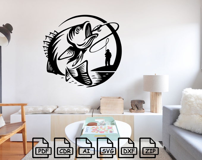 Fishing Couple Cut Svg Dxf File Wall Sticker Pdf Silhouette Template ...