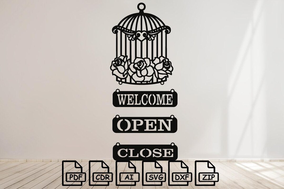 Welcome-open-close-sign-with-bird-cage Wall Sticker Pdf Silhouette ...
