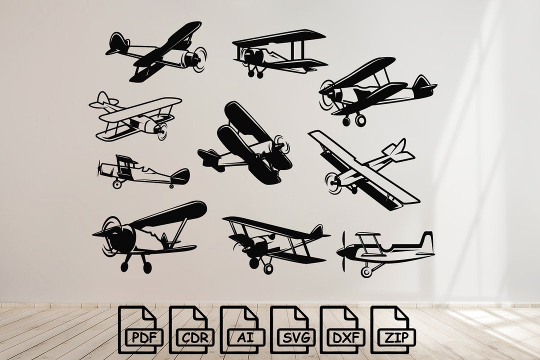 Biplane Bundle (16pcs), Crop Duster Cut Svg Dxf File Wall Sticker Pdf ...