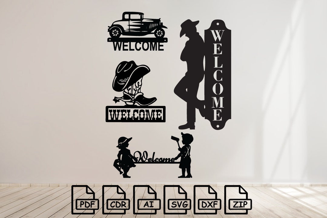 Welcome Signs (4pcs) Cut Svg Dxf File Wall Sticker Pdf Silhouette ...
