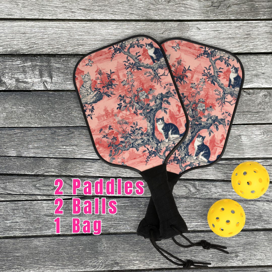 Black Cat Pink Toile Pickleball Paddle Set, Black Cat Pickle Ball ...
