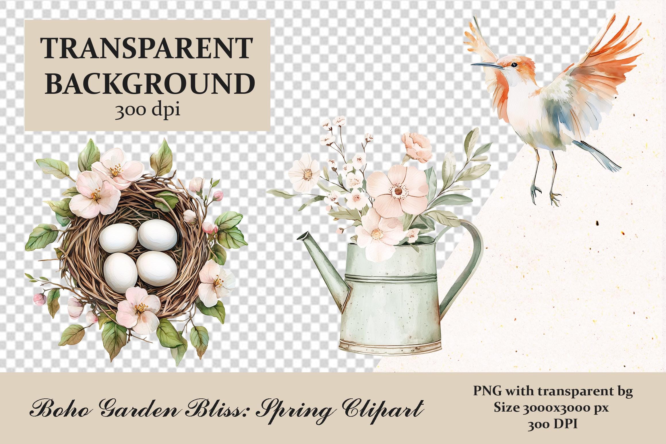 Boho Spring Clipart - Easter Birds, Butterflies, Floral Boots, Honey ...