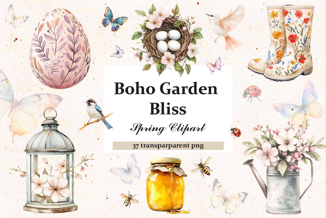Boho Spring Clipart - Easter Birds, Butterflies, Floral Boots, Honey ...