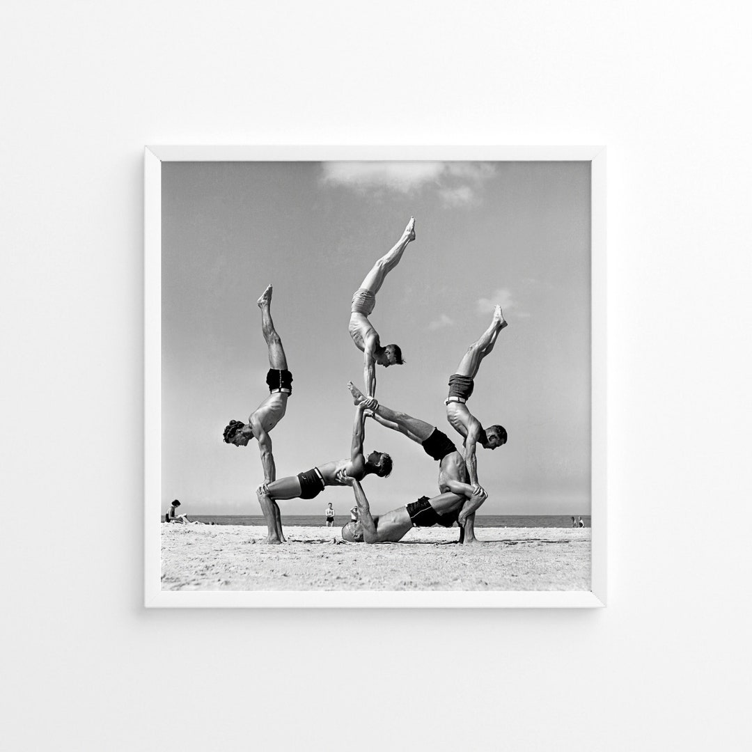 Beach Yoga Acro Gymnastics, Vintage Print, Photography Print, Black ...