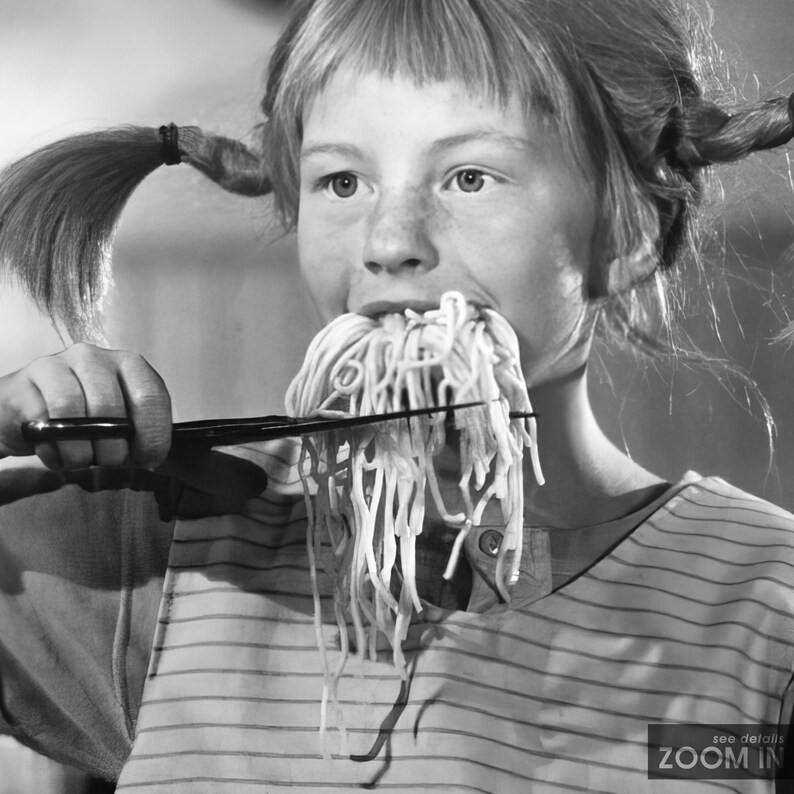 Eating Spaghetti, Pippi Longstocking, Kitchen Wall Art, Photography Print, Black White Poster ...