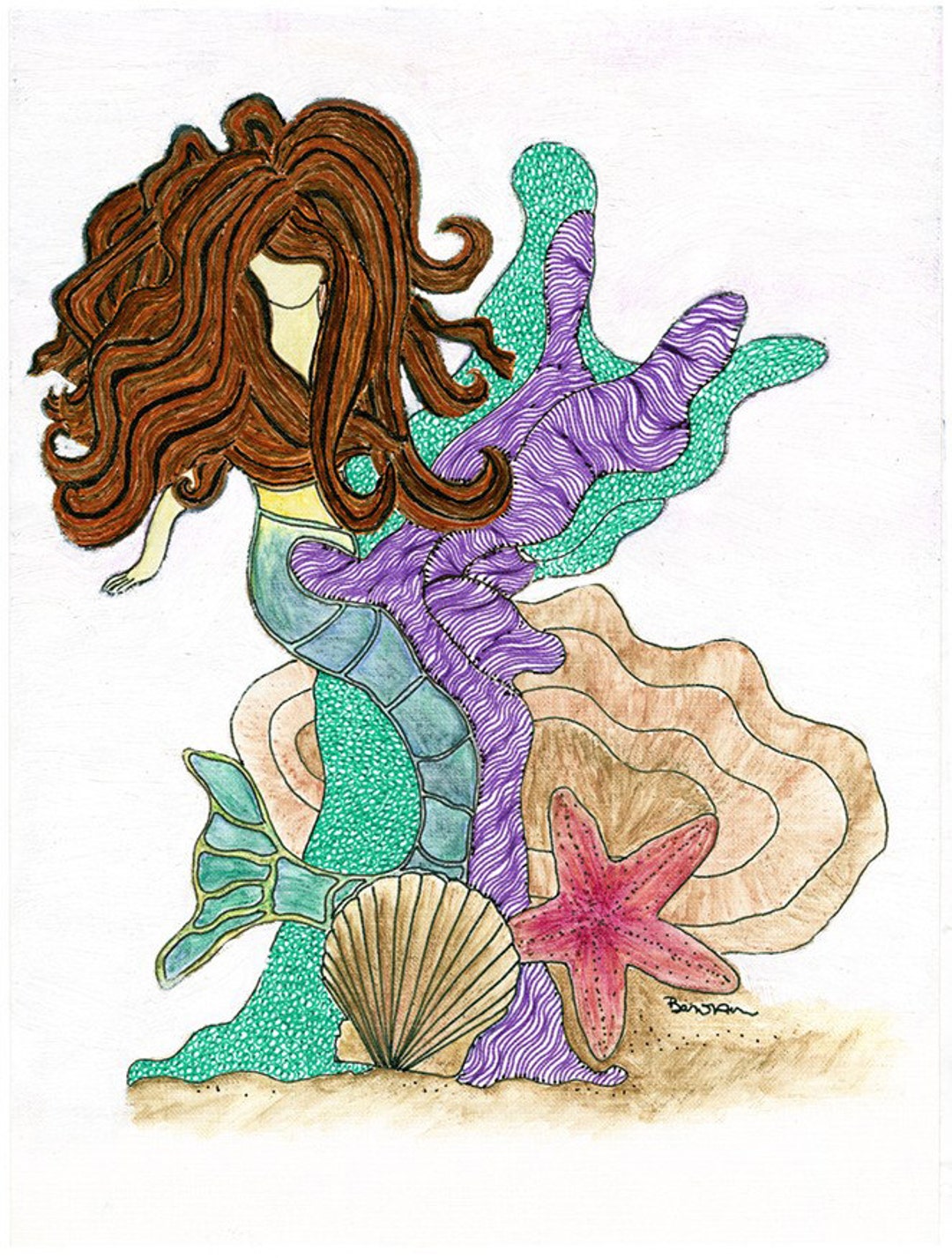 Mermaid With Shells & Starfish - Watercolor Giclee Print on Canvas - Etsy