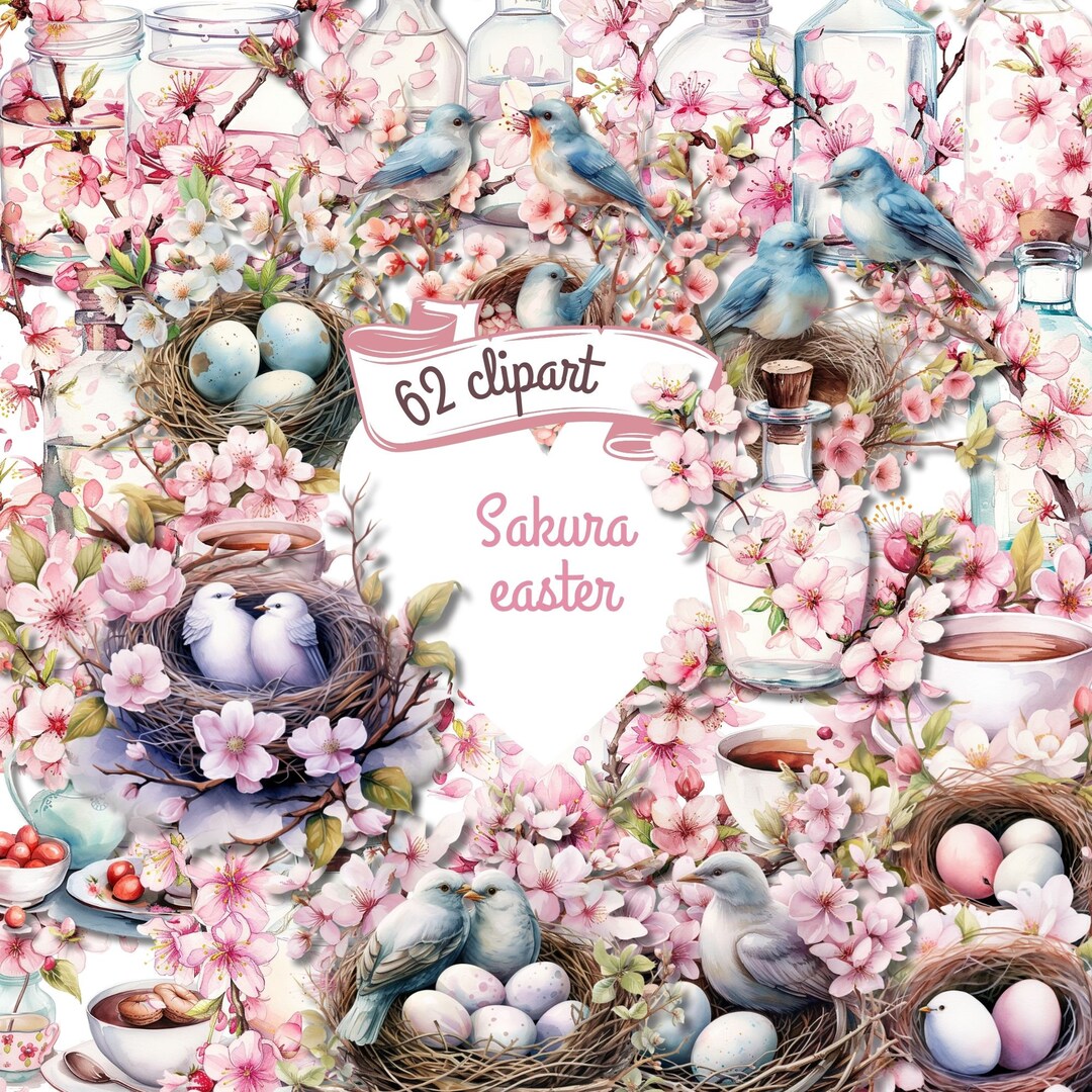 Watercolor Sakura Easter Clipart Bundle, 62 Png Easter Images, Eye ...